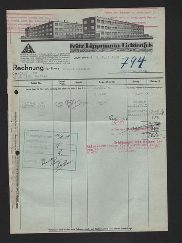 LICHTENFELS, Rechnung 1939, Fritz Lippmann Korbwaren Korbmöbel-Fabrik ...