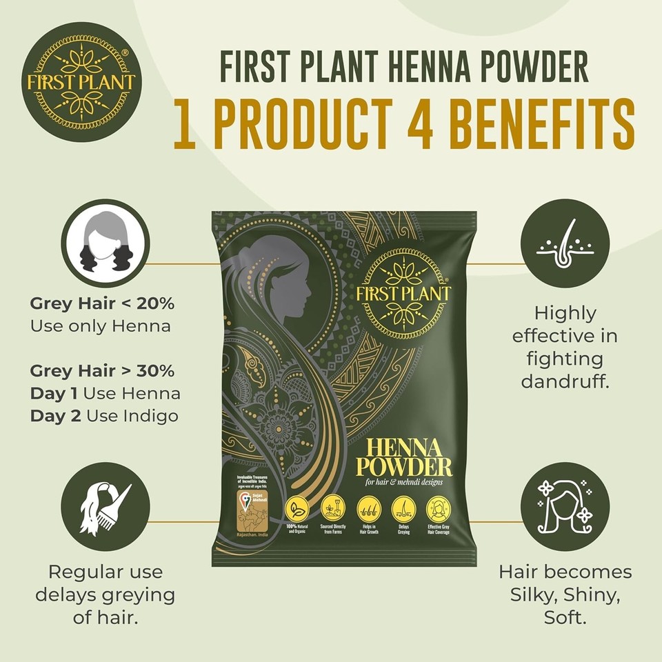 FIRST PLANT - Premium Rajasthani HENNA POWDER, 100% ORGANIC Henna with ...