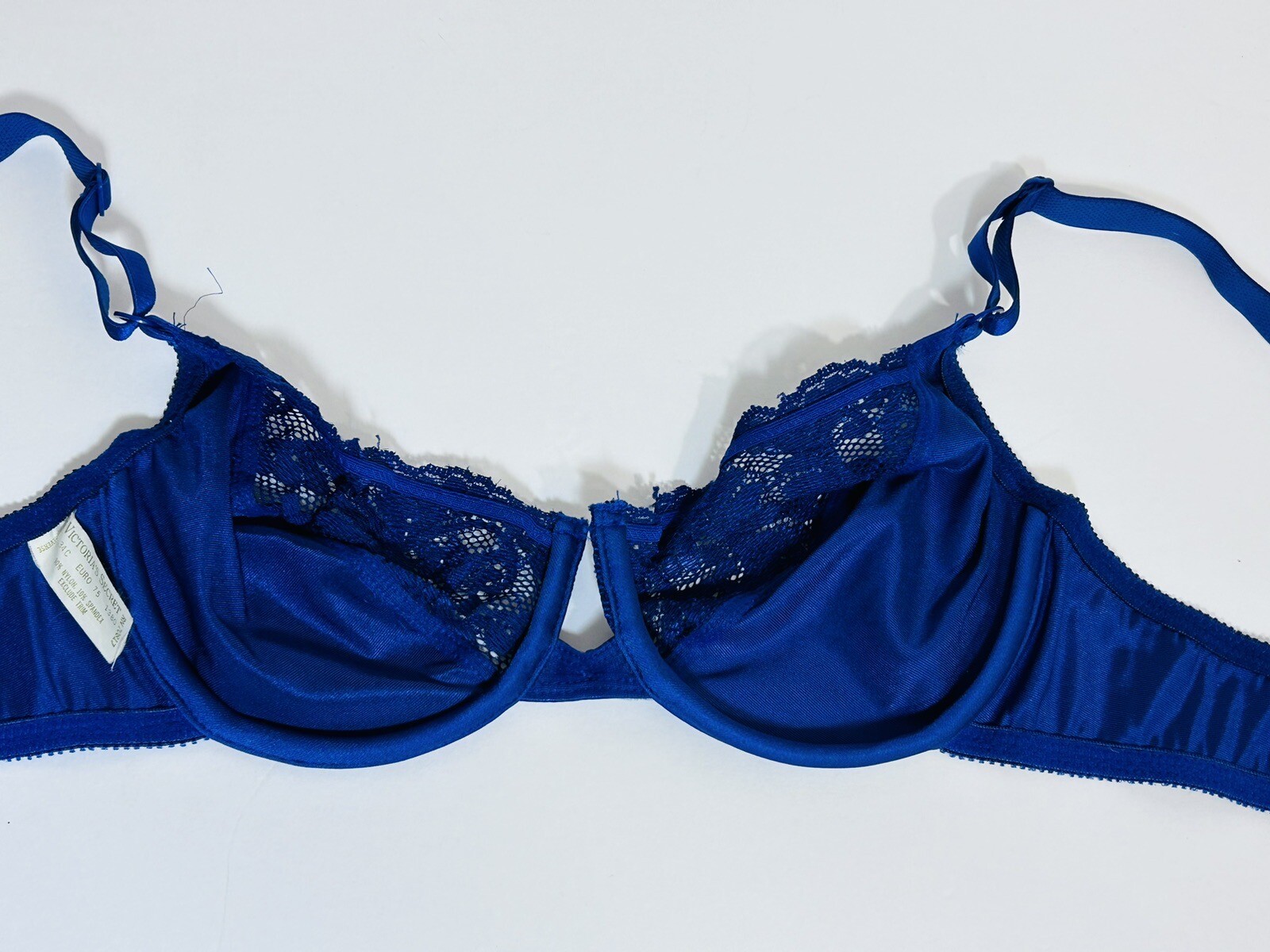Victoria’s Secret Bra 34C Blue Stretch Satin & Lace Underwired Vintage