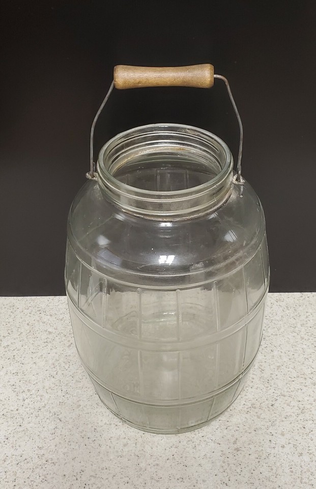 Three Gallon Glass Pickle Barrel Bail Wire Handle Owens Store Display ...