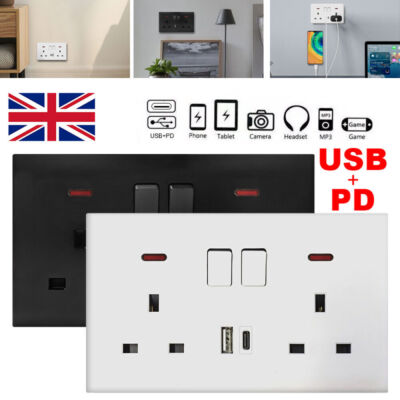 Double Wall Plug Socket 2 Gang 13A with USB Type C Port Outlets Flat ...