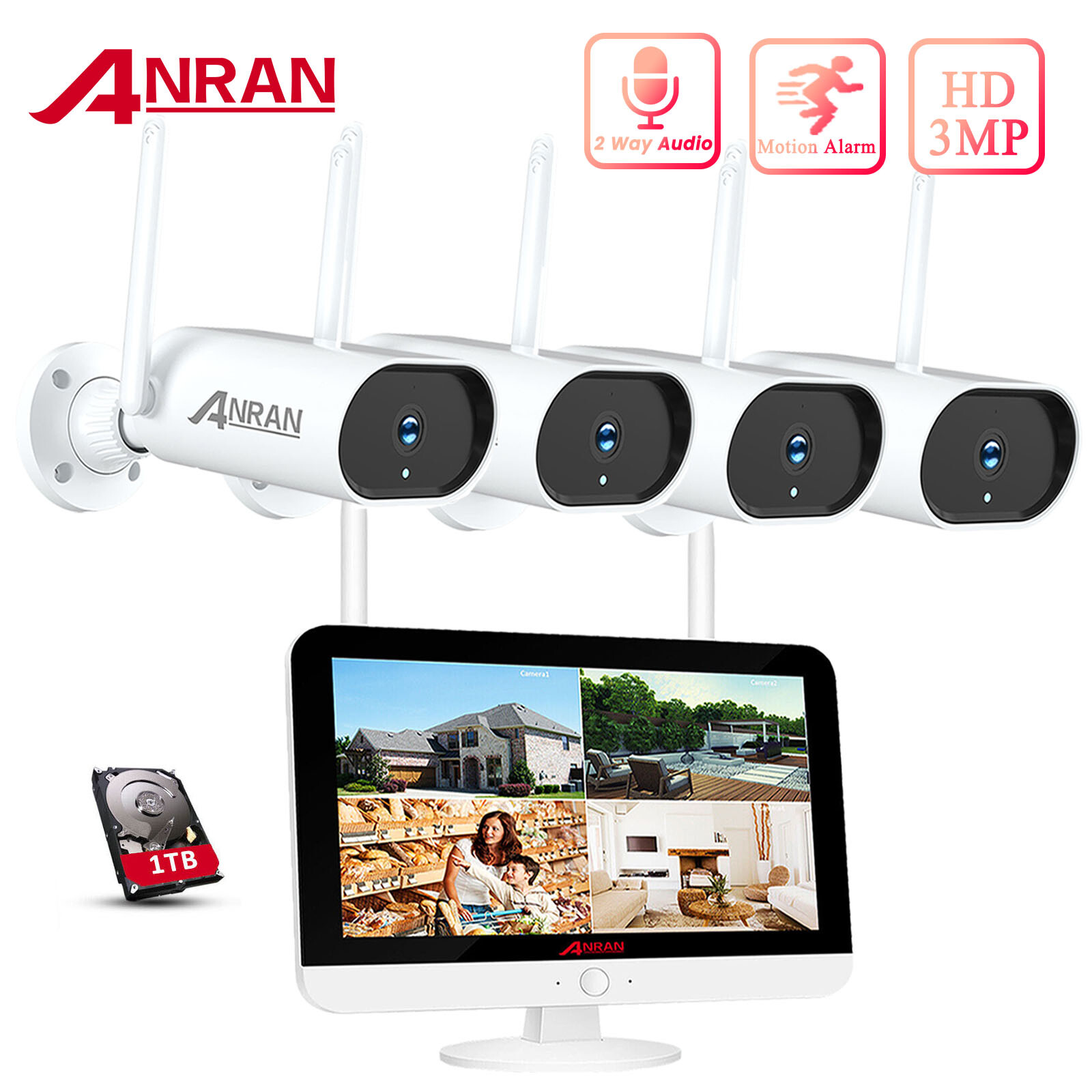 8CH 3MP HD Security Camera System Wireless Outdoor with 12” Monitor ...