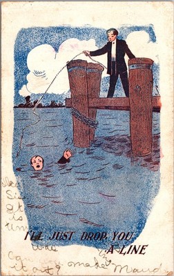 Postcard comic greeting Man throwing rope to man in water Drop you a ...
