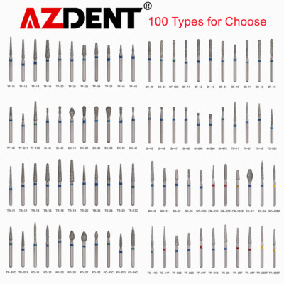 100 Types AZDENT Dental Diamond Burs High Speed Handpiece Friction Grip ...