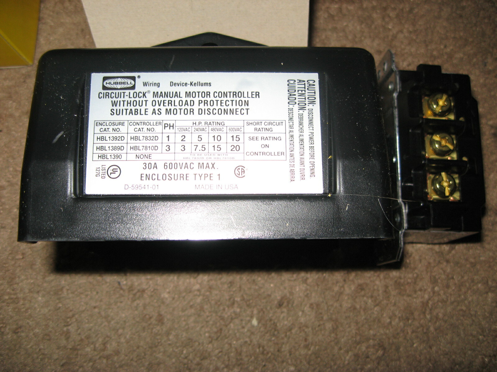 Hubbell Manual Motor Control Disconnect Switch HBL1389D 30 Amp 600 Volt ...