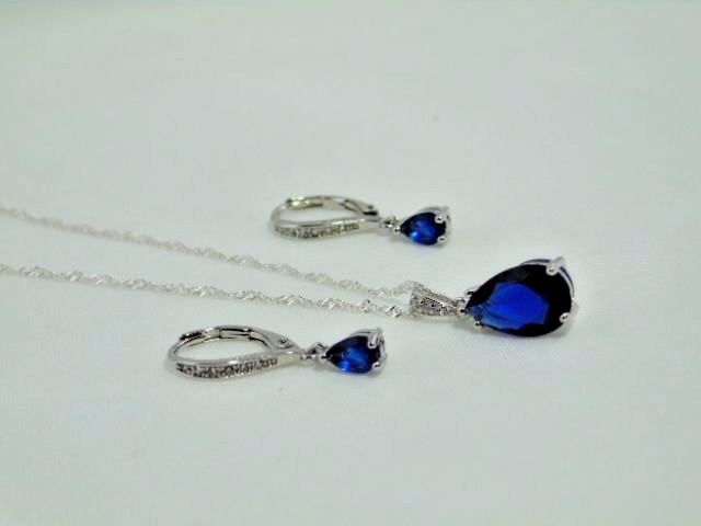 STAUER BLUE DIAMONDAURA TEARDROP PENDANT 20" NECKLACE EARRINGS .925 5.8 ...