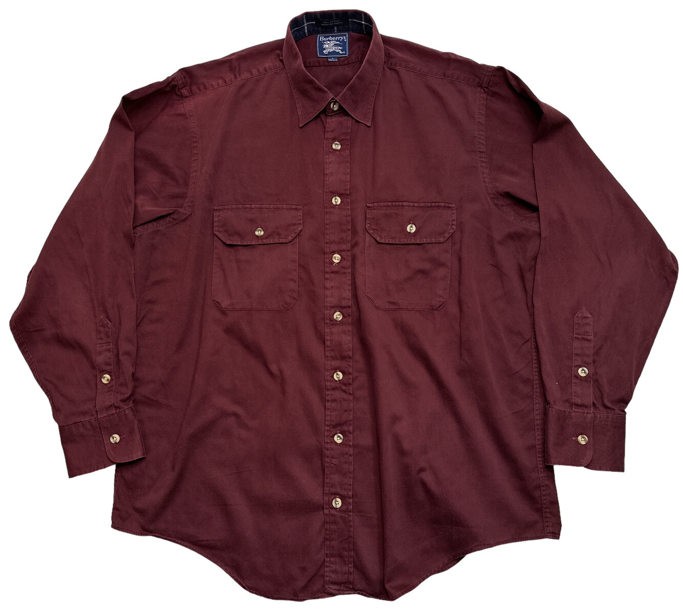 Vtg Burberry Shirt Mens Large Maroon Button Up Long Sleeve Cotton Front ...
