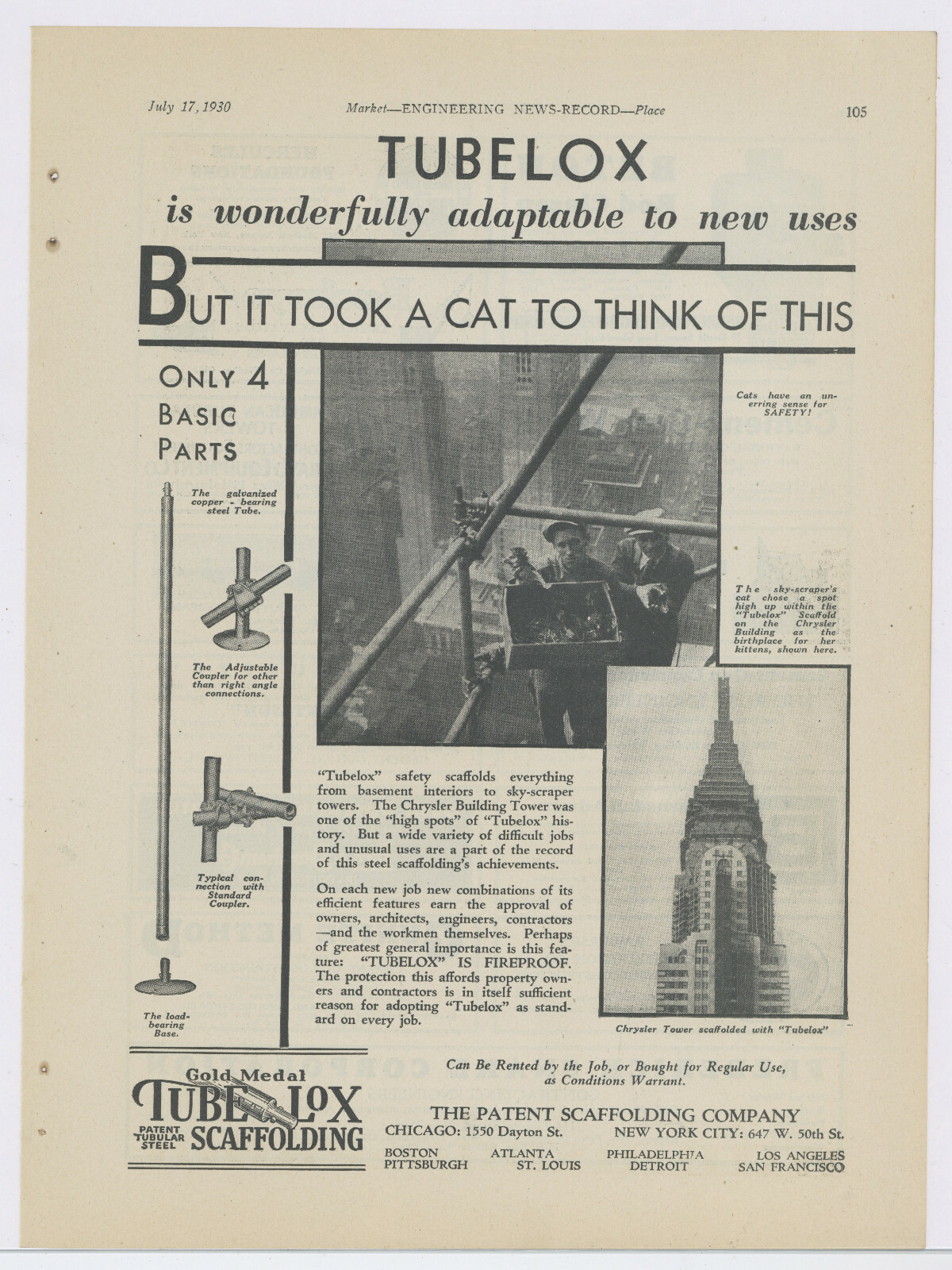 1930 Patent Scaffolding Ad: Kittens Born High up in Chrysler Bldg ...