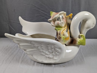 MCM Vtg Christmas Ceramic Pixie Elf Playing Banjo on Swan Planter by ...