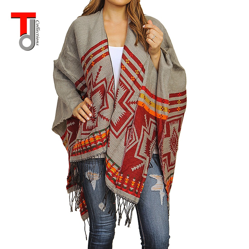 Winter Aztec Kimono New Print Fringed Colorful Oversize Poncho Blanket ...