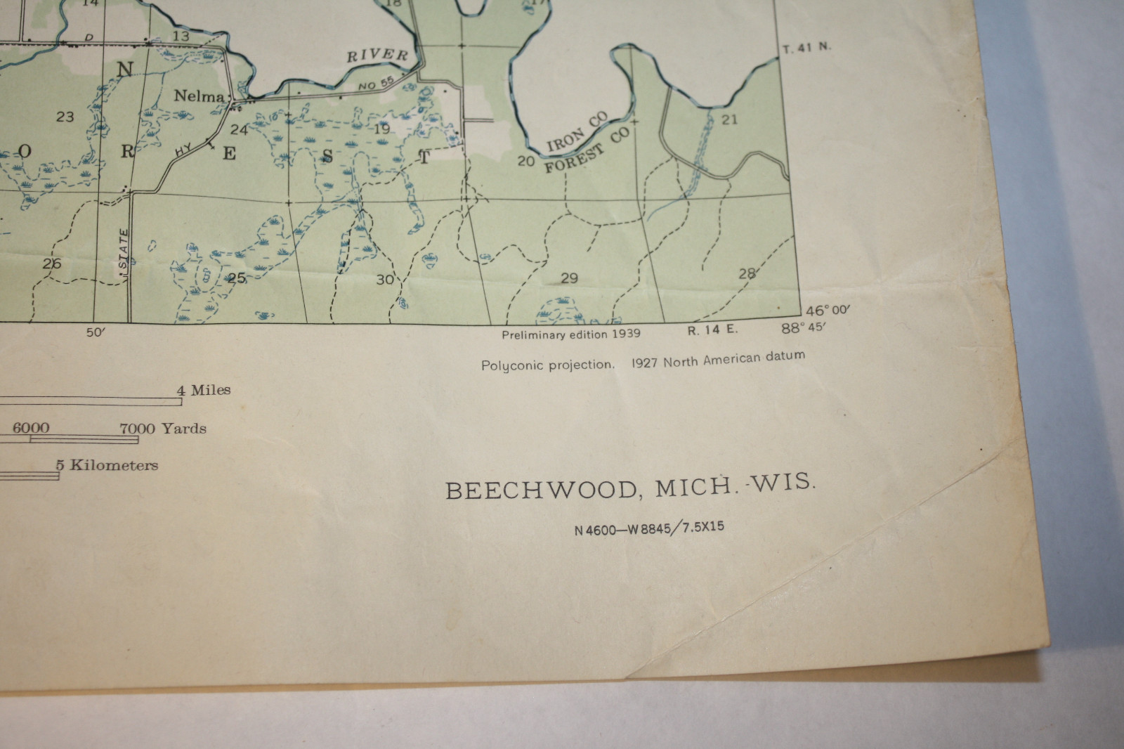 Vintage USGS Map Beechwood, MI - WI 1938 | eBay