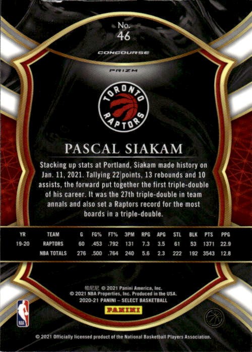 2020-21 Panini Select Pascal Siakam #46 Red White Orange Flash Toronto ...