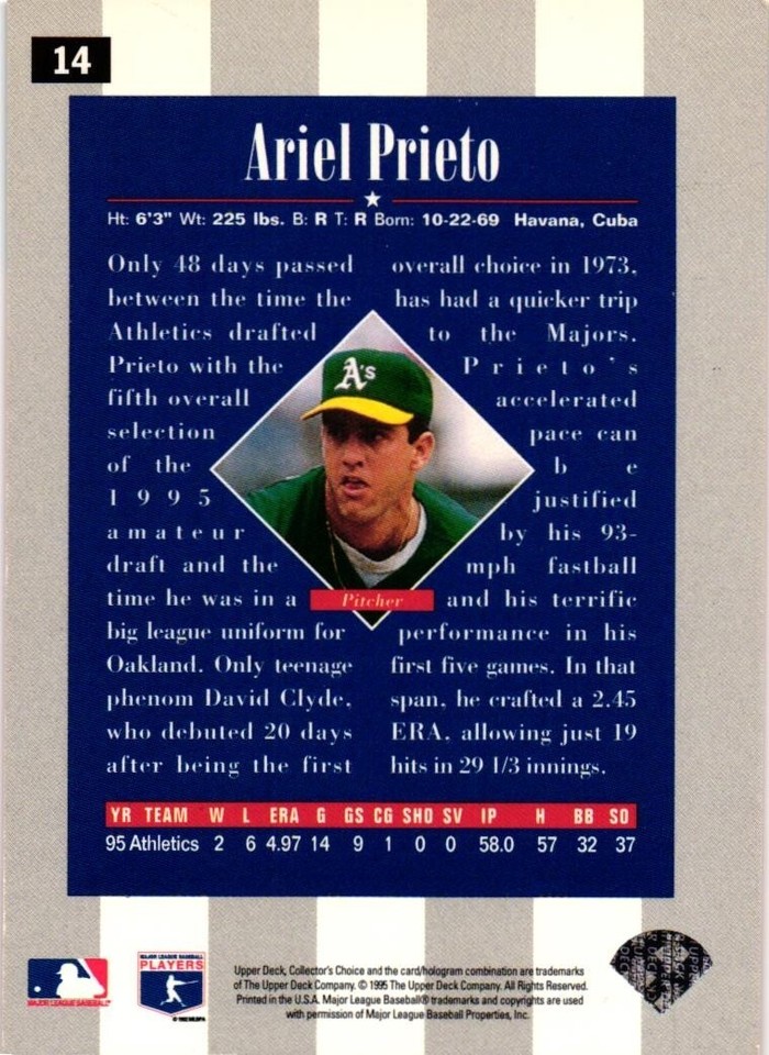 1996 Collector's Choice Baseball #14 Ariel Prieto Oakland Athletics ...