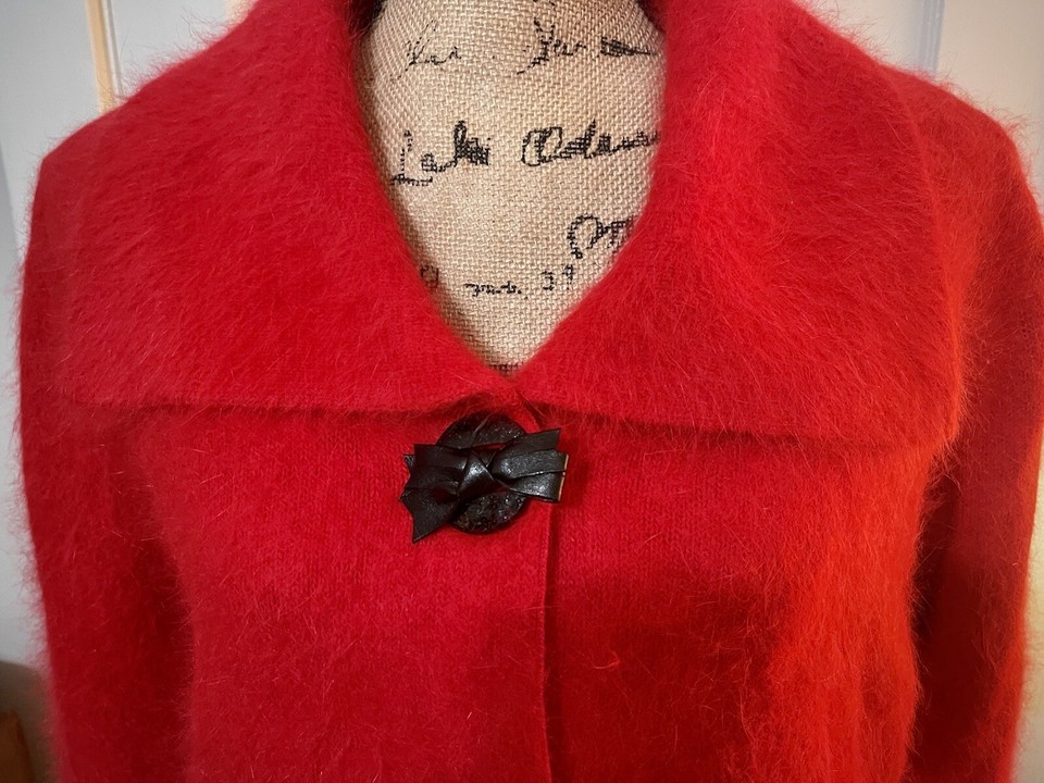 VENESHA RED ANGORA SZ Small Medium Lined SWEATER JACKET Soft Fluffy ...