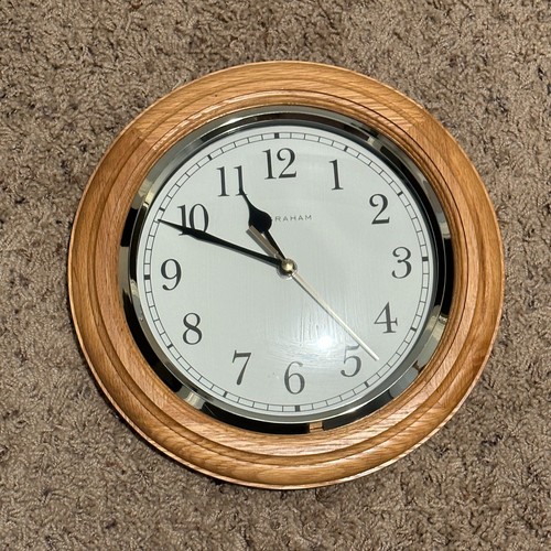 Ingraham 11" Round Wall Clock Quartz Oak Wood Frame & Curved Glass Face ...