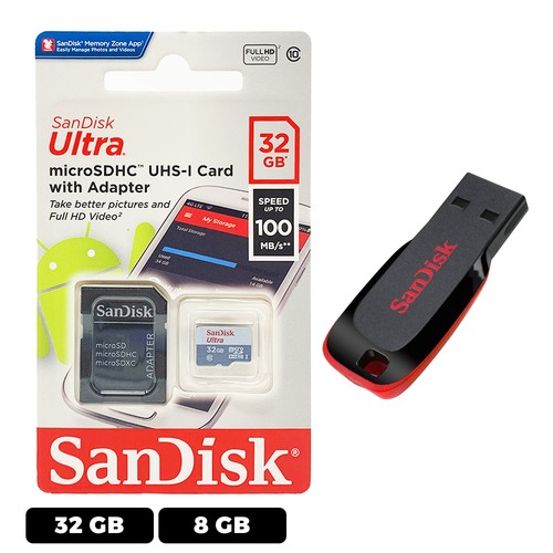 Sandisk Micro SD Card Memory 32GB UHS-I Class 10 Free Gift USB Cruzer ...