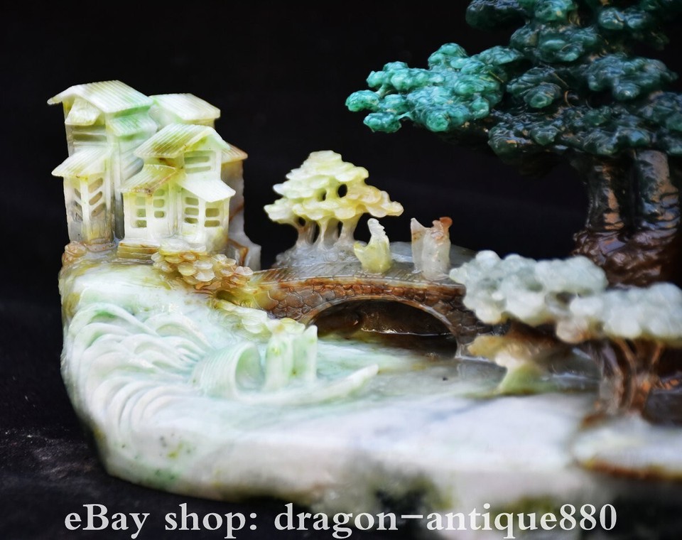 7.6" Old Chinese Dushan Jade Carving Pine Tree House Water Ship ...