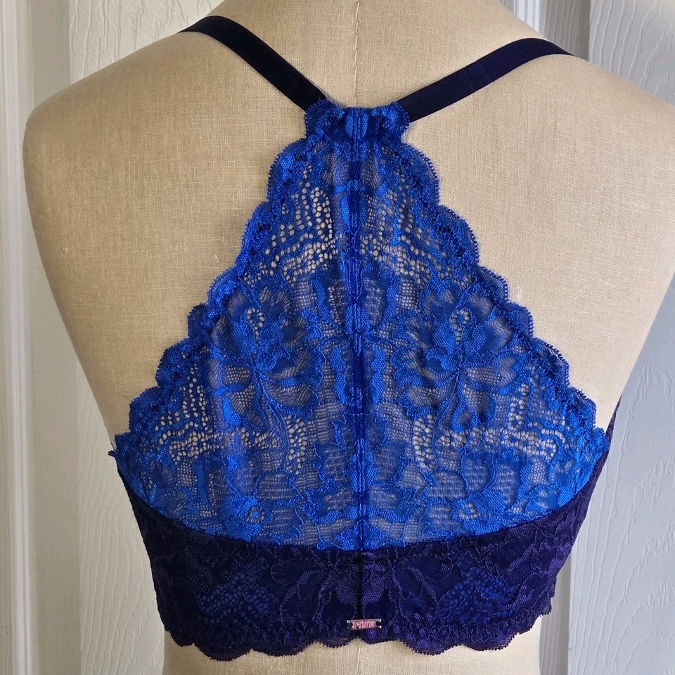 Pink Victoria’s Secret Blue Lace Racer Back Bra Size 34DD Front Clasp ...