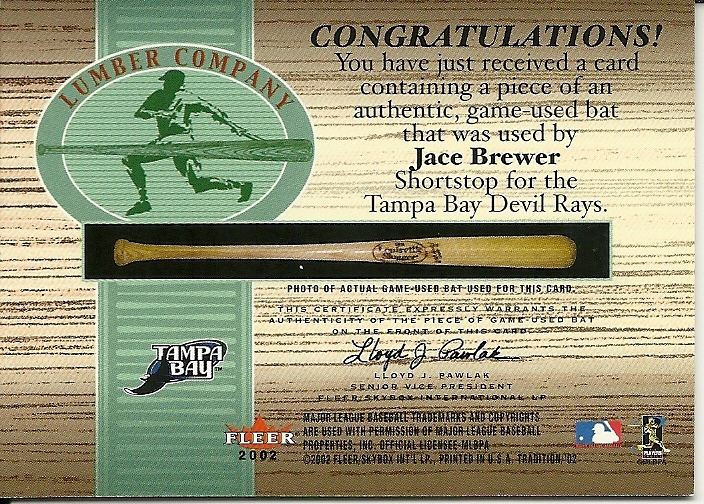 2002 Fleer Tradition Lumber Company Game Bat Jace Brewer Rays | eBay