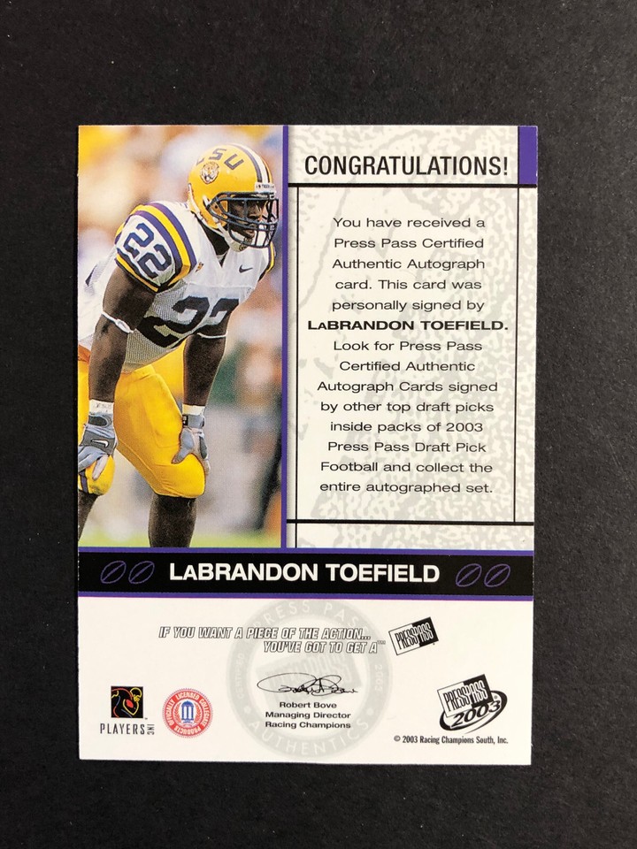 LaBrandon Toefield LSU Signed 2003 Press Pass Football Card Auto ...