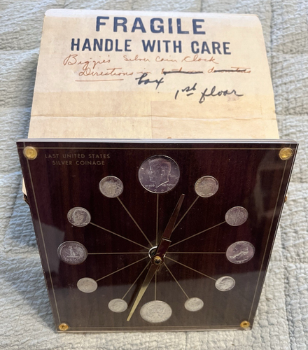 MARION KAY SILVER COIN NUMISMATIC WALNUT DESK CLOCK - BELONGED TO ...