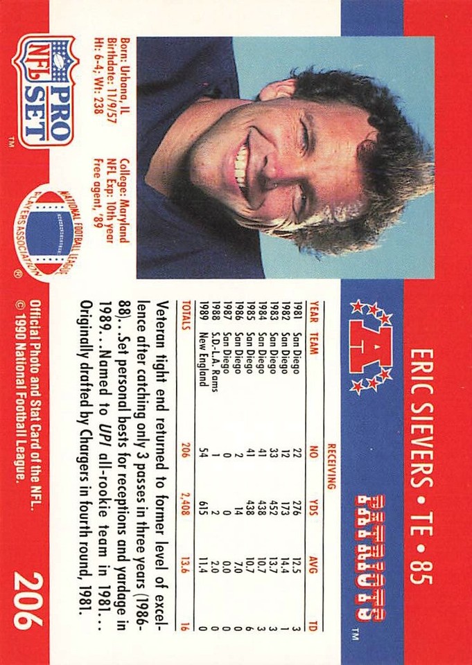 1990 Pro Set Football #206 Eric Sievers RC | eBay