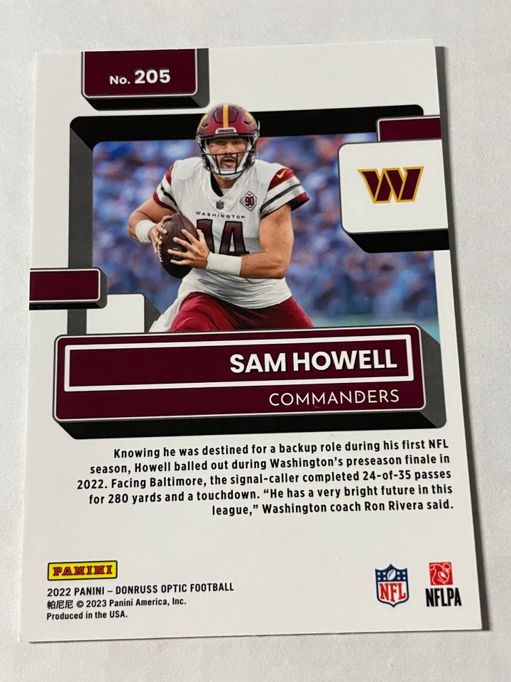 Sam Howell 2022 Panini Optic Rated Rookie Card RC #205 Washington ...