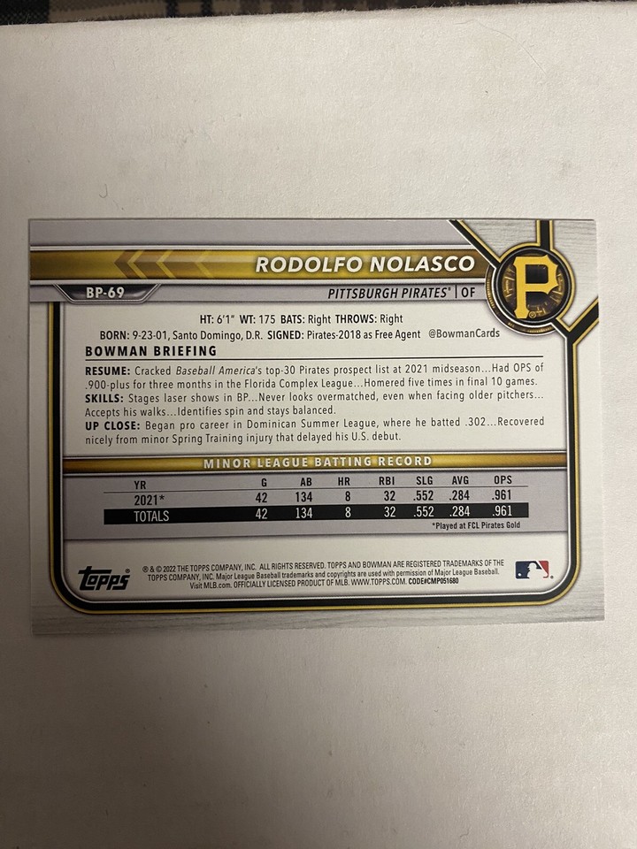 Rodolfo Nolasco 2022 Bowman Prospects Purple /250 Pittsburgh Pirates | eBay