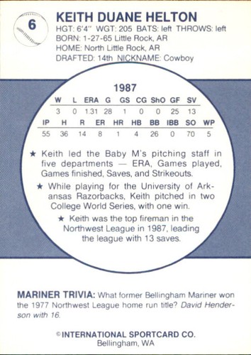 1987 Bellingham Mariners Team Issue #6 Keith Helton Little Rock ...