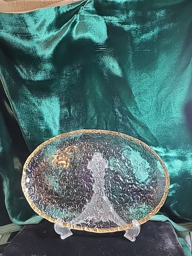 IVV Glacier Ice 10K Gold Trim Clear Texture Glass Oval Serving Platter ...