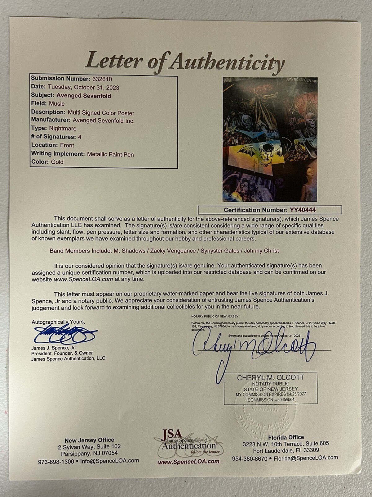 AVENGED SEVENFOLD SIGNED AUTOGRAPHED RARE LITHOGRAPH POSTER W/ JSA COA ...