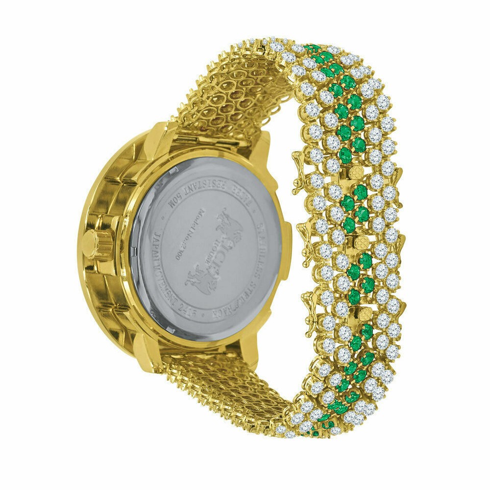 Real Diamond Dial Mens Custom Watch Emerald Green 18K Yellow Gold ...