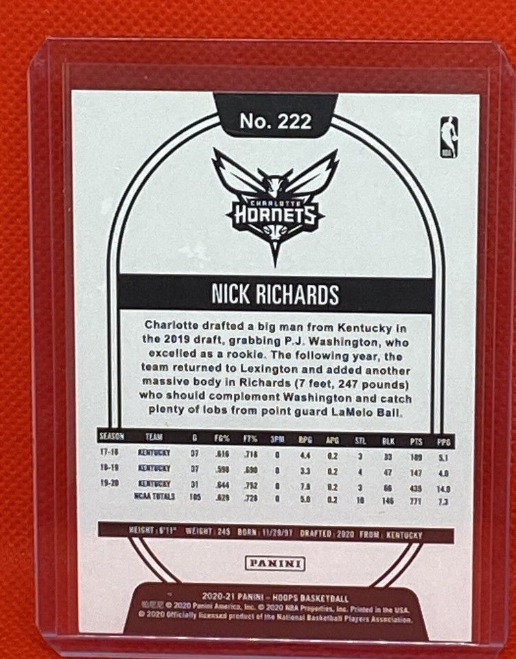 Nick Richards 2020-21 Panini NBA Hoops #222 RC Charlotte Hornets | eBay