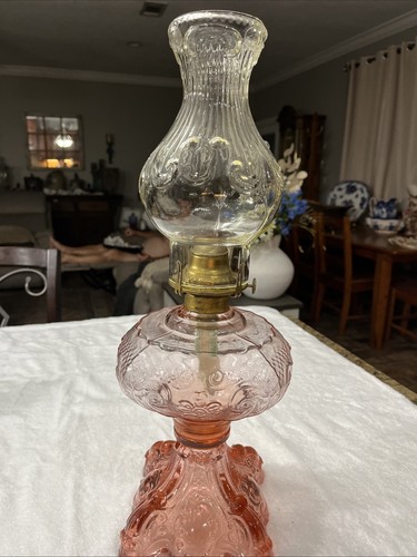 Vintage Pink Princess Feather lamp Depression Glass with etched deco ...