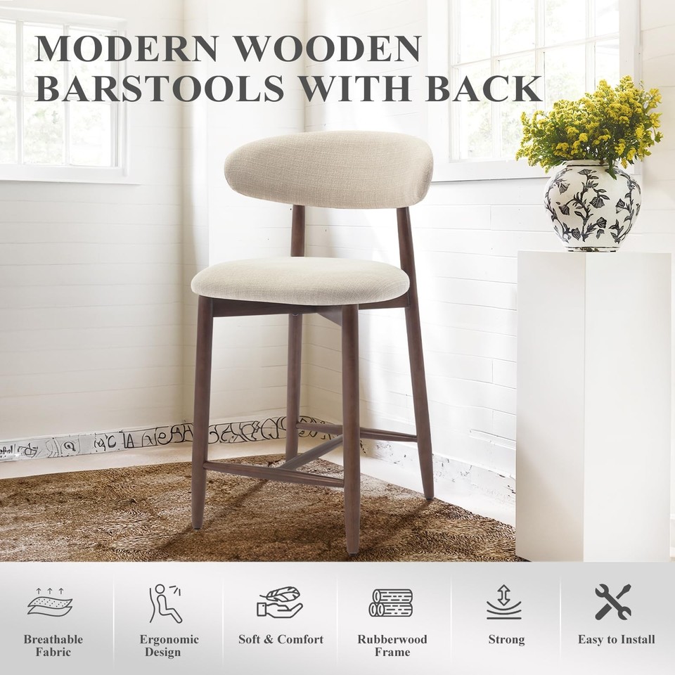 Counter Height Bar Stools Set of 3, Kitchen Bar Stools with Back, Mid ...