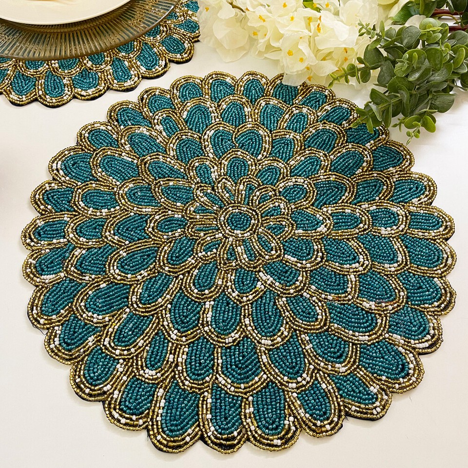 Set of 6, Handmade beaded placemat, Teal, Gold and White, table mat | eBay