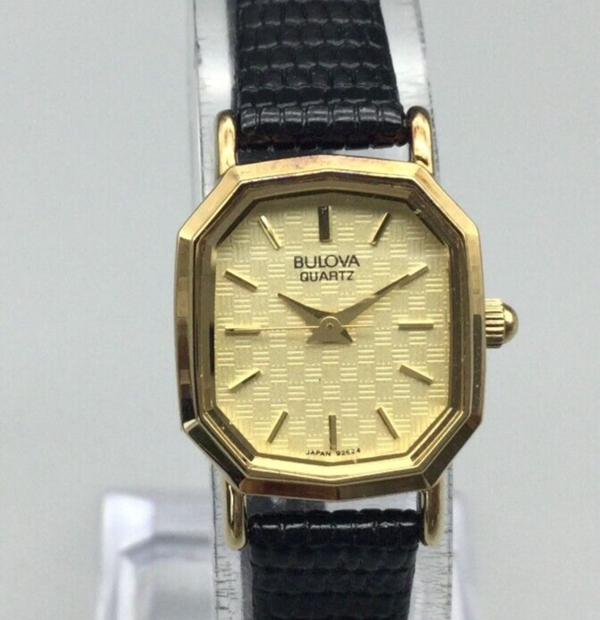 Vintage Bulova Watch Women Gold Tone 92E24 Leather Band New Battery ...