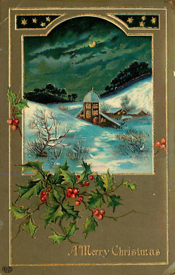 Postcard Christmas 1912 Night Scene Holy Village Embossed Snow Arts ...