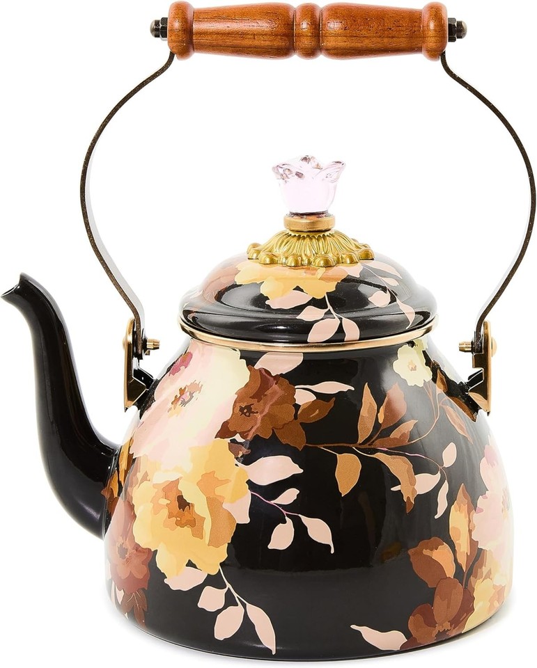 Charming 2 Quart Enamel Tea Kettle - Bohemian Wild Rose Brown with ...