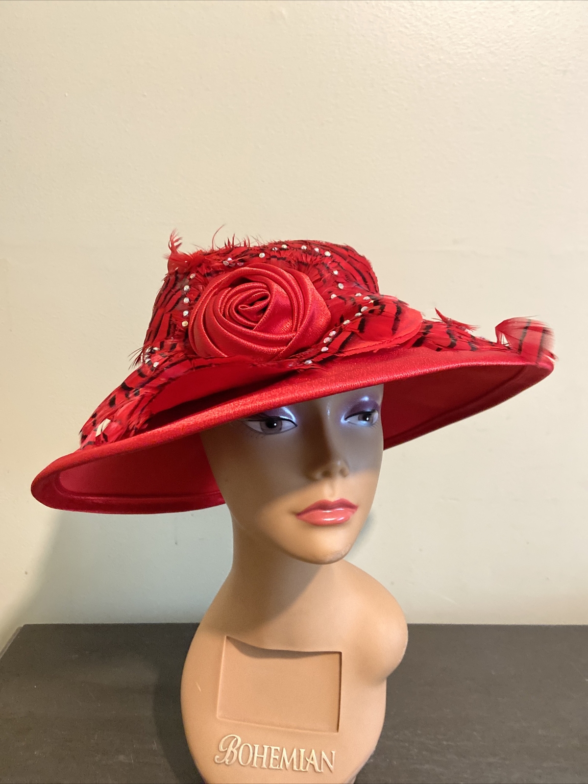 Mr. Hi's Classic Red Hat With Big Flower Rhinestones feathers Sz 6.5” X ...