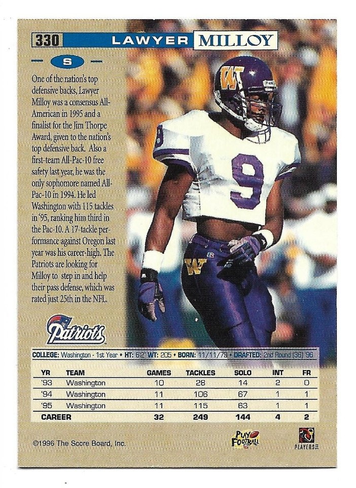 1996 Pro Line #330 Lawyer Milloy Anaheim National Rookie /499 Patriots ...