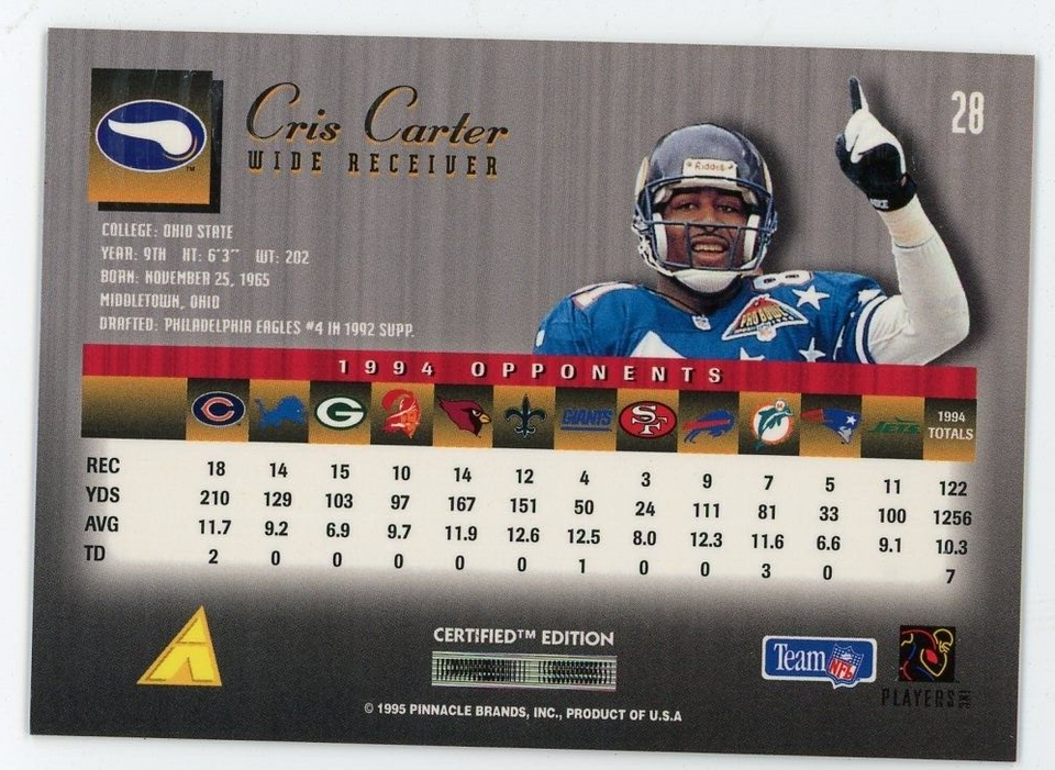 1995 Select Certified Football Cris Carter Card #28 HOF | eBay