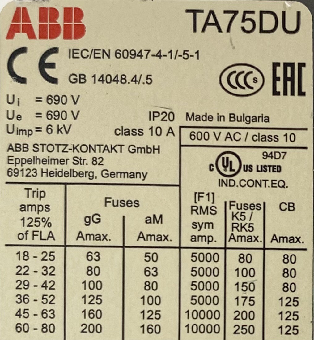 ABB TA75DU Thermal Overload Relay 45-63A 600VAC Class 10 USA | eBay