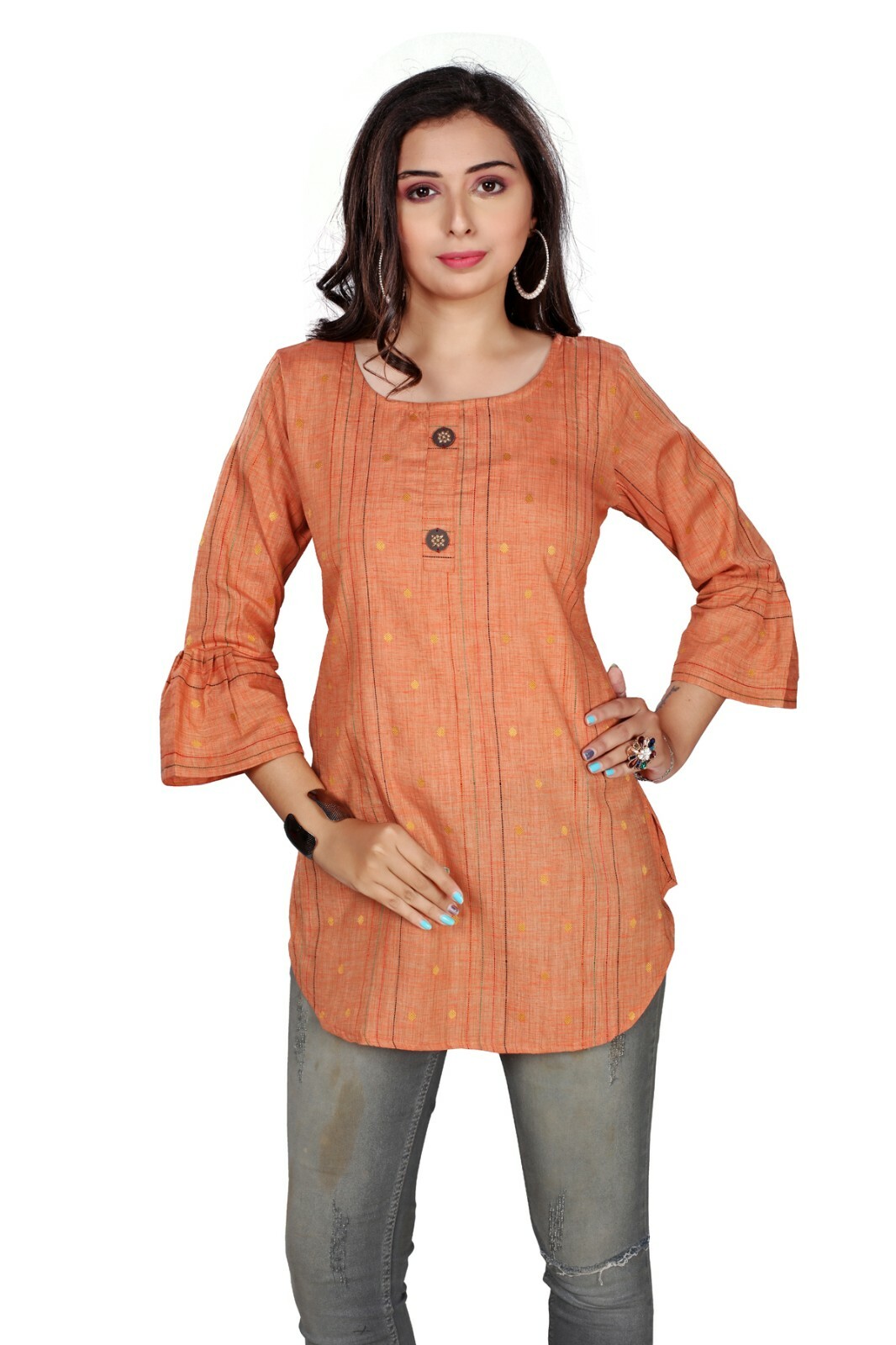 Designer 100% Cotton Multicolor Round Neck 3/4 Sleeve Womens Western ...