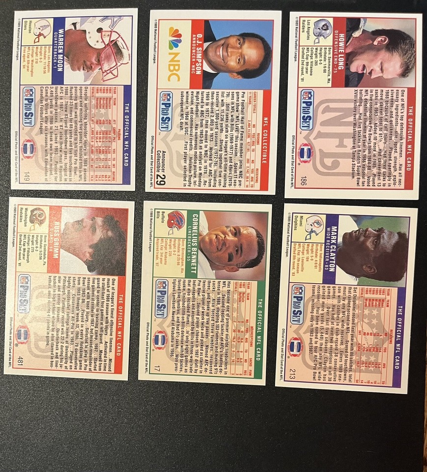 1989 pro set football cards lot. Warren Moon, Howie Long, Mark Clayton ...