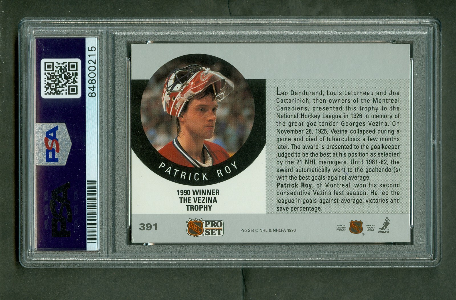 Patrick Roy Autographed 1990-91 Pro Set Vezina Trophy Card #391 PSA/DNA ...
