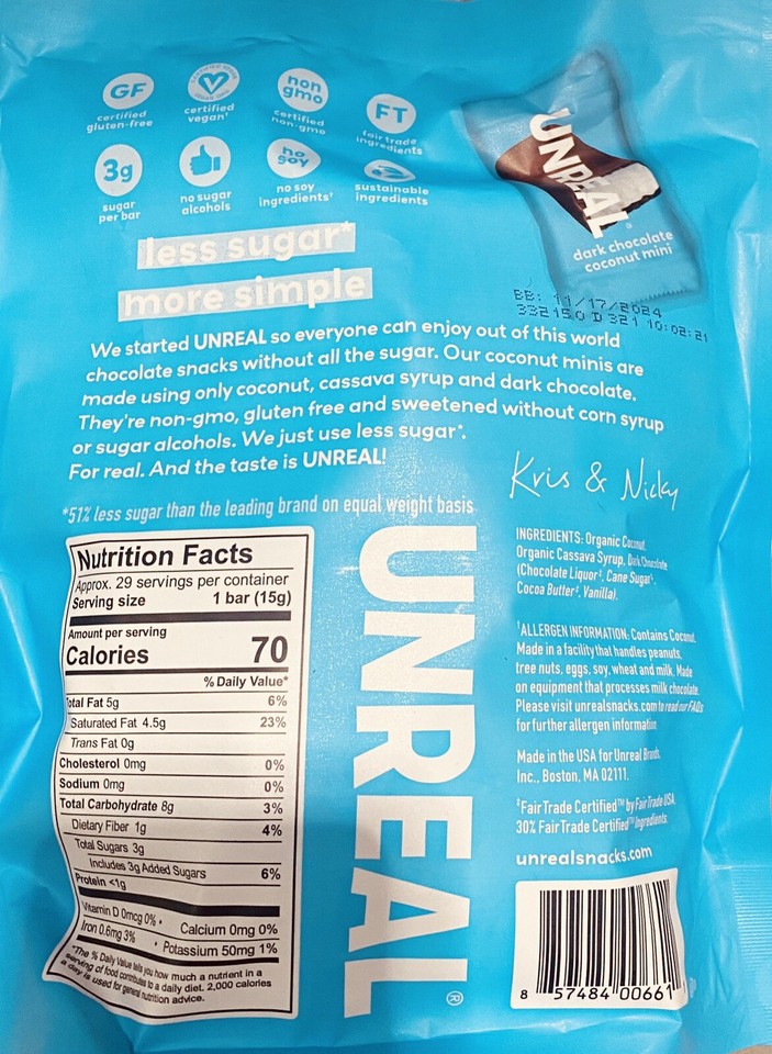 Unreal Dark Chocolate Coconut Mini Bars 15.3 oz ~ 29 Candy bars | eBay