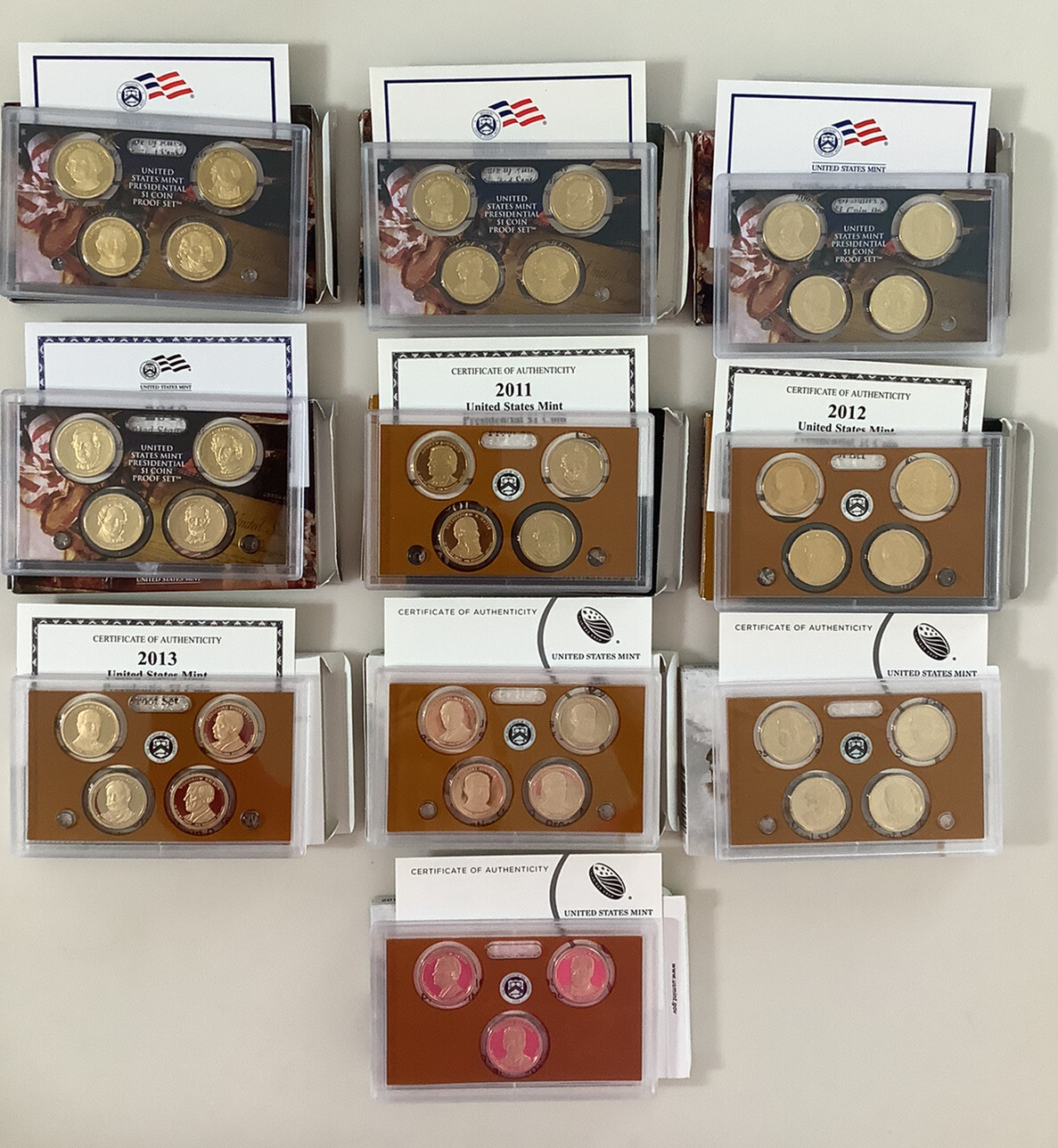 2007-2016 United States Mint Presidential $1 Coin Proof Sets with boxes ...
