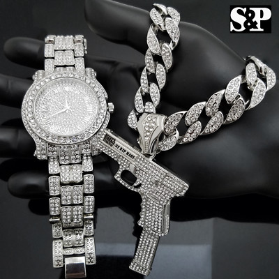 Men Luxury Hip Hop Iced Watch & 37 Rip Mary Gun & 16" Full Iced Cuban ...