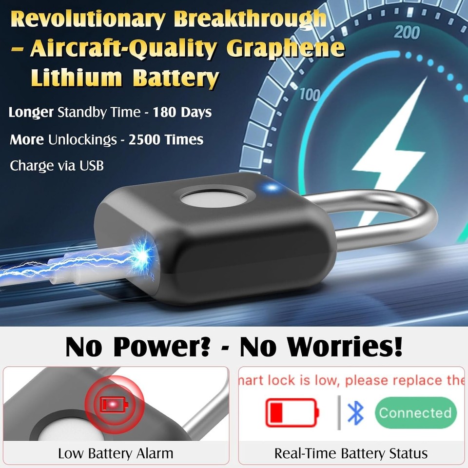 USB Rechargeable Smart Padlock - Personal Security with 15 Fingerprint ...
